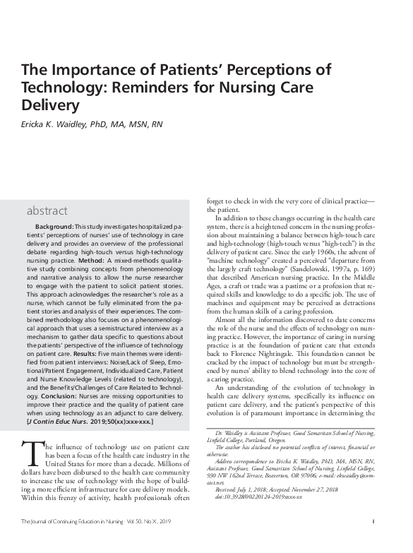 (PDF) The Importance of Patient′s perceptions of technology : Reminders for Nursing Care Delivery