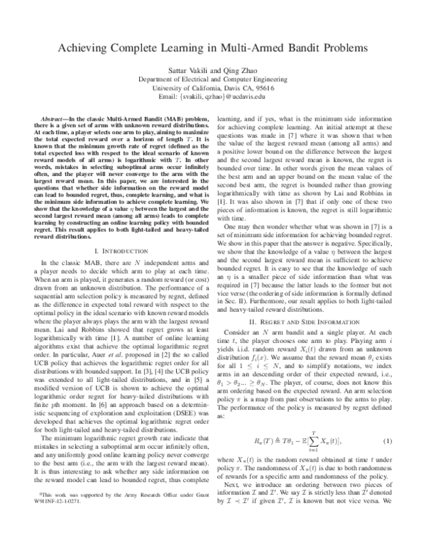 (PDF) Achieving complete learning in Multi-Armed Bandit problems | Sattar Vakili - Academia.edu