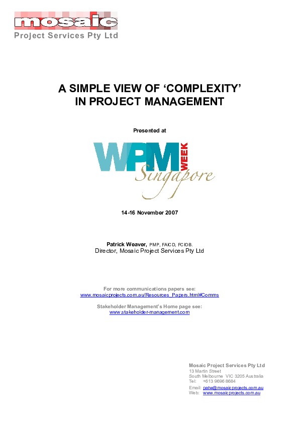 (PDF) A Simple View of 'Complexity' in Project Management