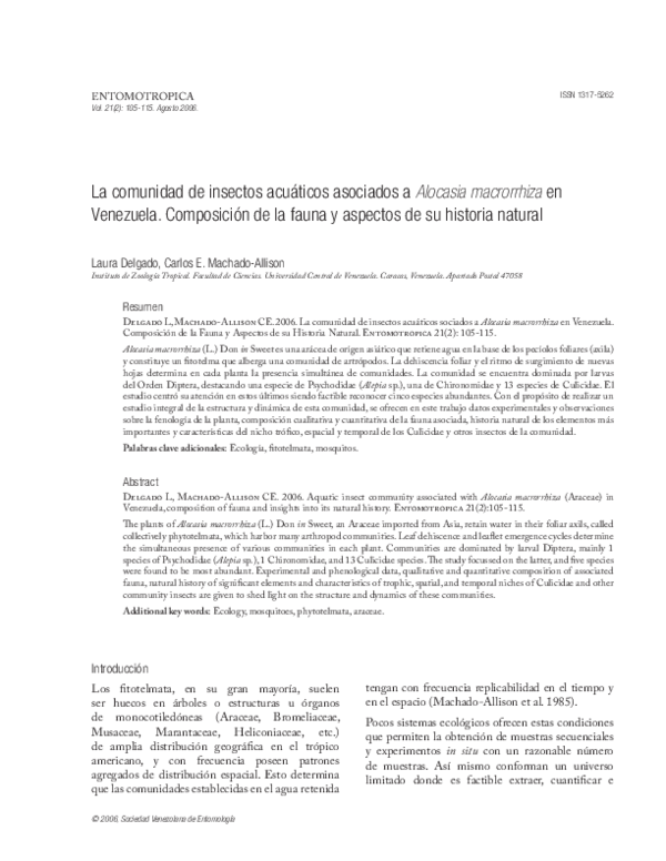(PDF) La comunidad de insectos acuáticos sociados a Alocasia ...
