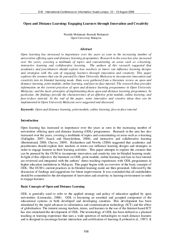(PDF) Open and Distance Learning: Engaging Learners through Innovation ...