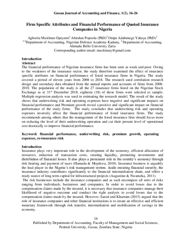 (PDF) Firm Specific Attributes and Financial Performance of Quoted ...