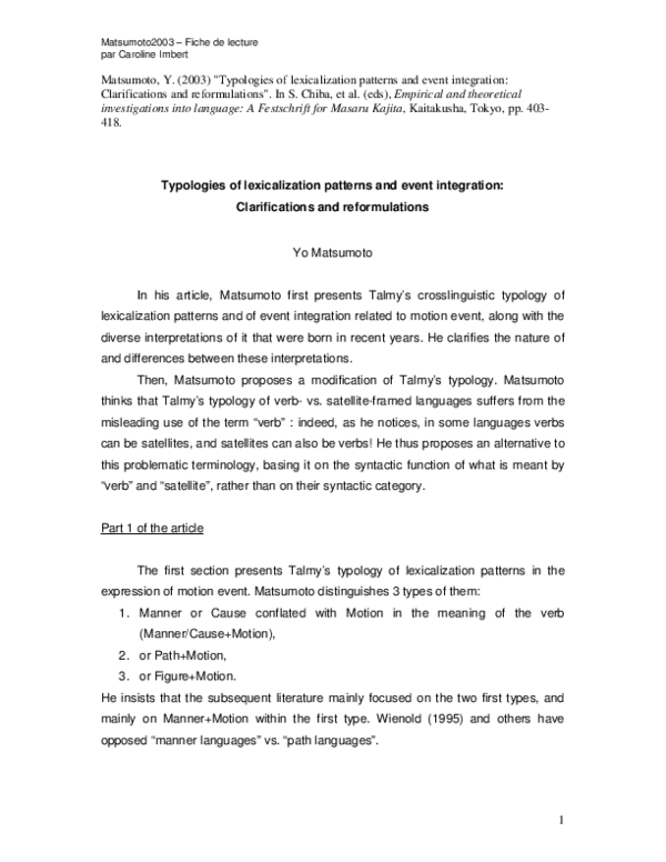 (PDF) Typologies of lexicalization patterns and event integration: Clarifications and reformulations