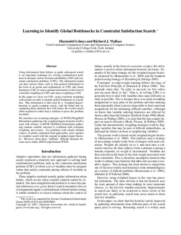 (PDF) Learning to identify global bottlenecks in constraint satisfaction search