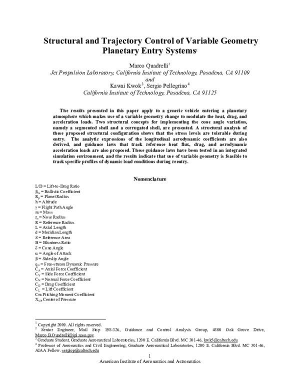 (PDF) Combined Structural and Trajectory Control of Variable-Geometry Planetary Entry Systems