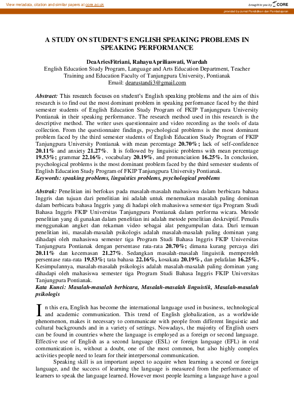 (PDF) A Study on Student’s English Speaking Problems in Speaking ...