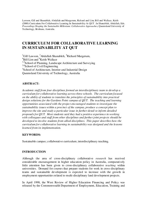 (PDF) Curriculum For Collaborative Learning In Sustainability At QUT ...