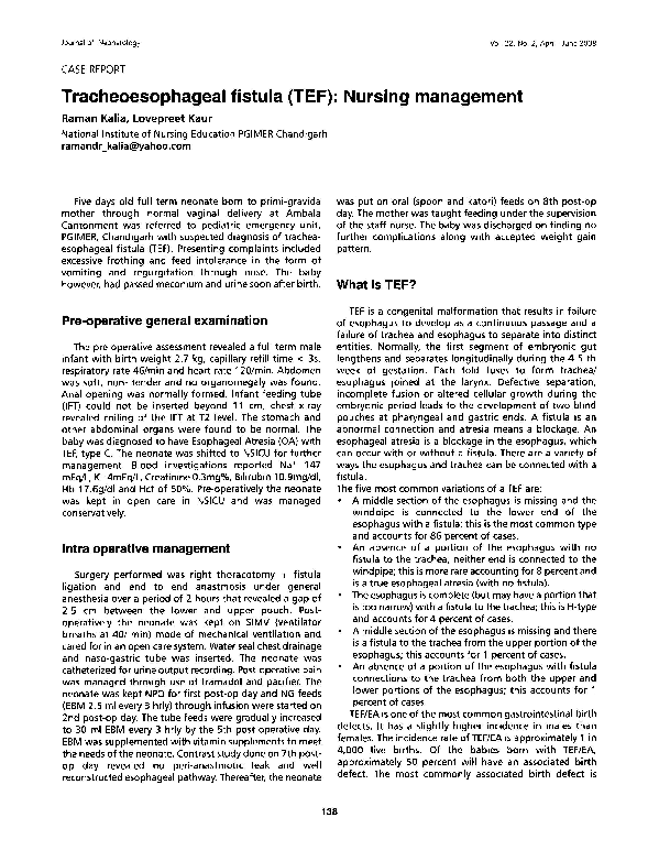 (PDF) Tracheoesophageal fistula (TEF): Nursing management