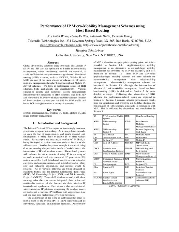 (PDF) Performance of IP Micro-Mobility Management Schemes Using Host Based Routing