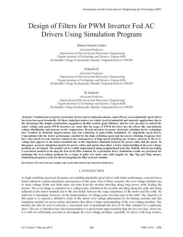 (PDF) Design of Filters for PWM Inverter Fed AC Drivers Using ...