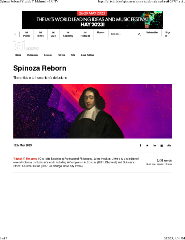 (PDF) Spinoza Reborn: The Antidote to Humanism's Delusions