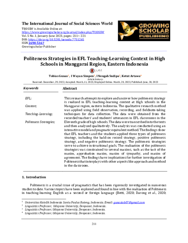 (PDF) Politeness Strategies in EFL Teaching-Learning Context in High ...