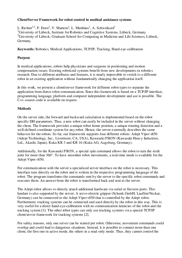 (PDF) Client/server framework for robot control in medical assistance ...
