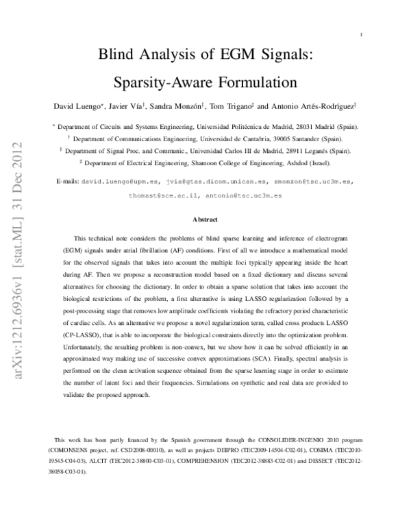 (PDF) Blind Analysis of EGM Signals: Sparsity-Aware Formulation