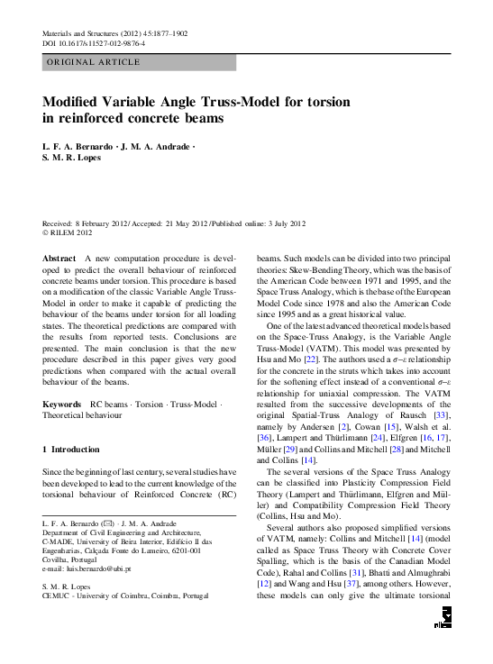 (PDF) Modified Variable Angle Truss-Model for torsion in reinforced concrete beams