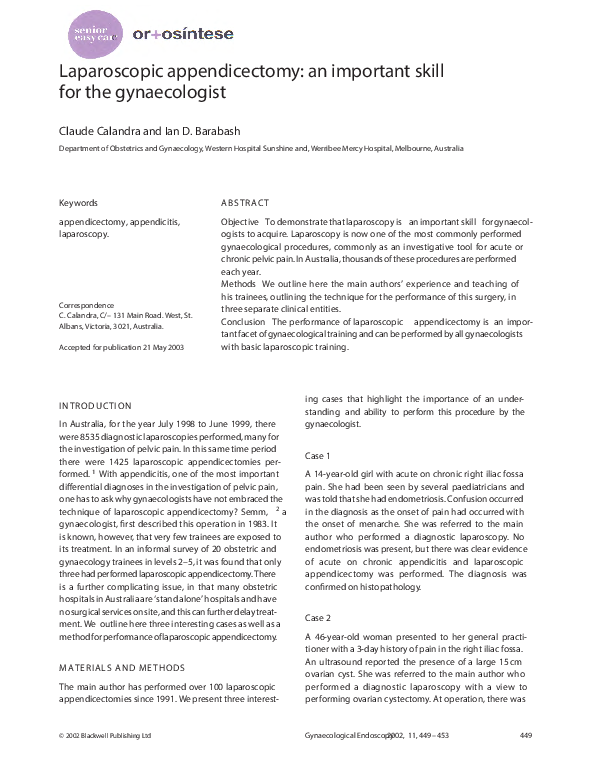 (PDF) Laparoscopic appendicectomy: an important skill for the gynaecologist