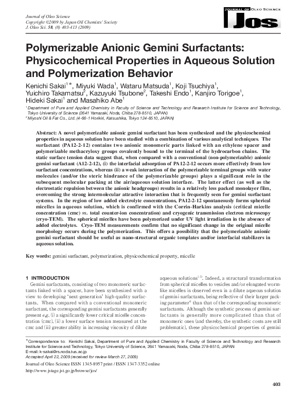 (PDF) Polymerizable Anionic Gemini Surfactants: Physicochemical ...