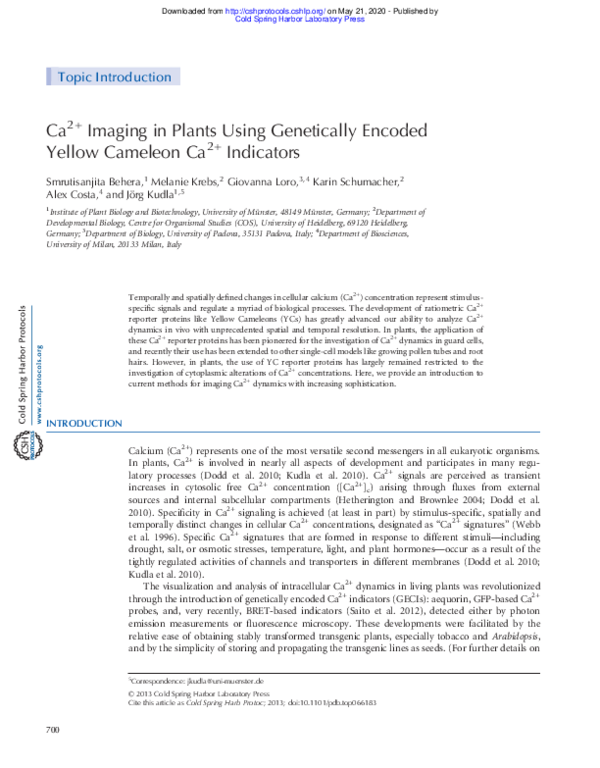 (PDF) Ca2+ Imaging in Plants Using Genetically Encoded Yellow Cameleon Ca2+ Indicators