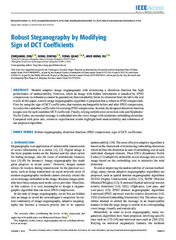 (PDF) Robust Steganography by Modifying Sign of DCT Coefficients