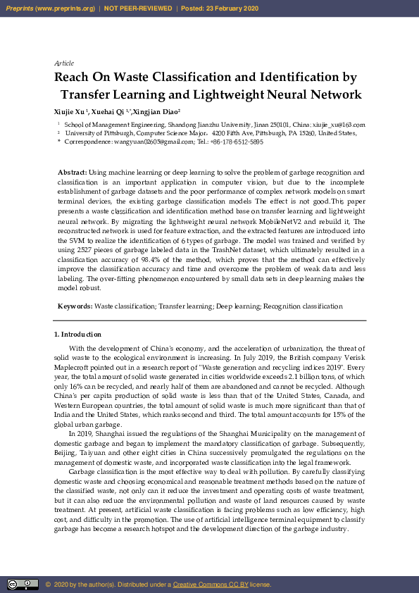 (PDF) Reach on Waste Classification and Identification by Transfer Learning and Lightweight ...