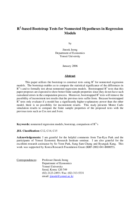 Pdf R 2 Based Bootstrap Tests For Nonnested Hypotheses In Regression Models