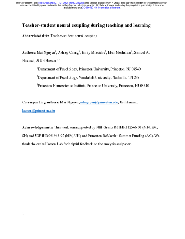 (PDF) Teacher-student neural coupling during teaching and learning