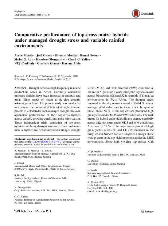 (PDF) Comparative performance of top-cross maize hybrids under managed ...