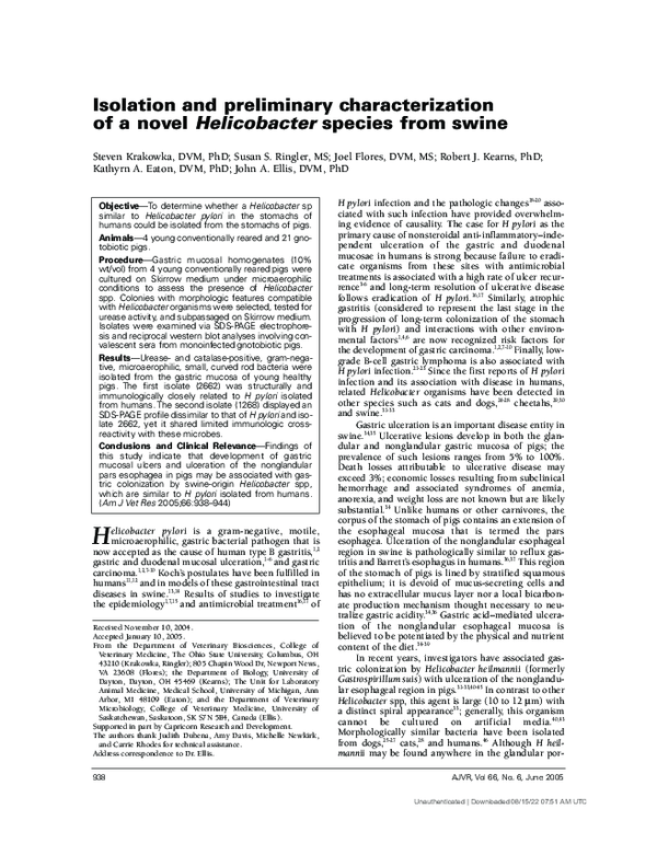 Isolation and preliminary characterization of a novel Helicobacter ...