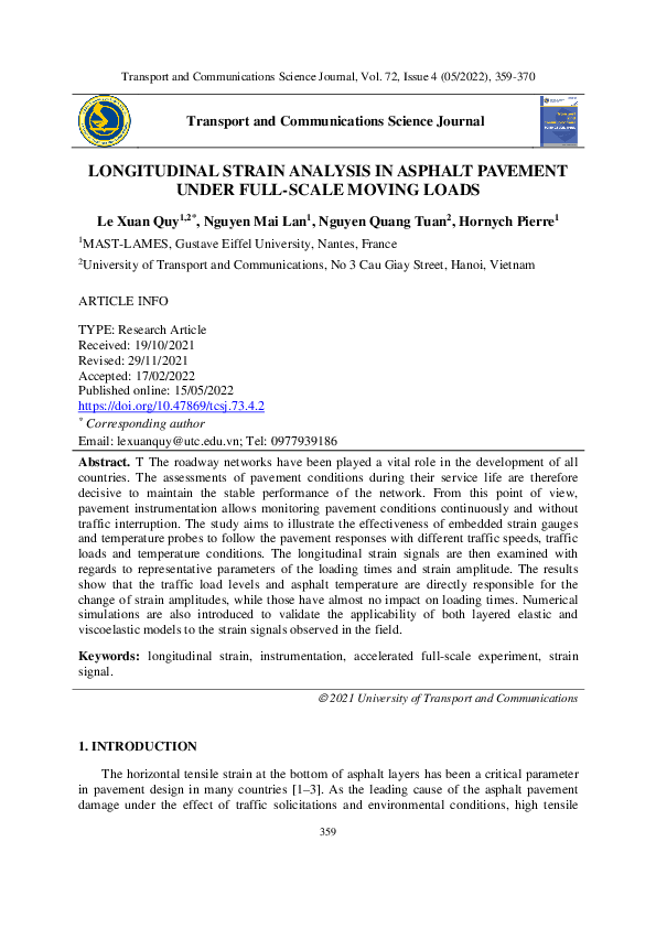 Pdf Longitudinal Strain Analysis In Asphalt Pavement Under Full Scale Moving Loads
