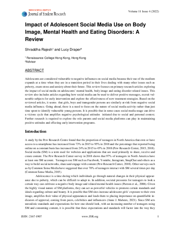 (PDF) Impact of Adolescent Social Media Use on Body Image, Mental ...