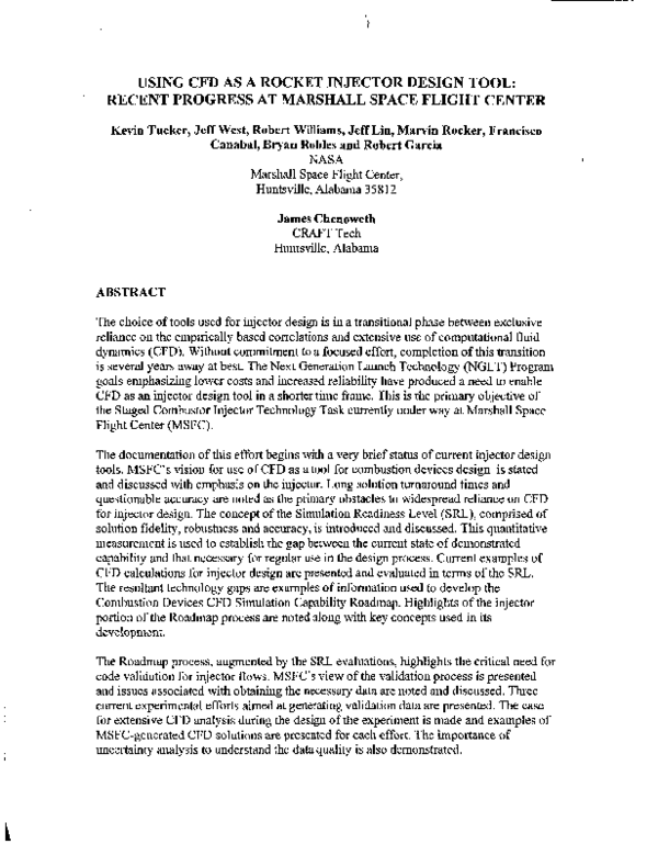 (PDF) Using CFD as a Rocket Injector Design Tool: Recent Progress at Marshall Space Flight Center
