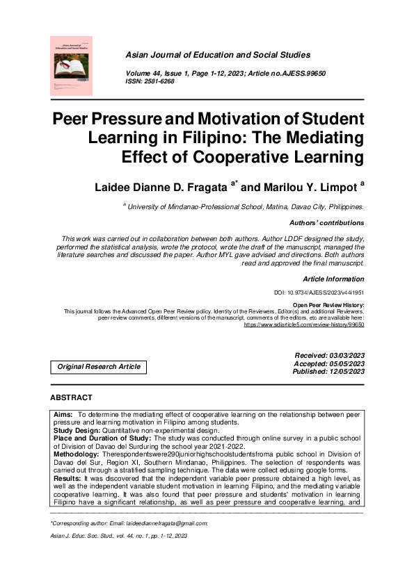 (PDF) Peer Pressure and Motivation of Student Learning in Filipino: The Mediating Effect of ...