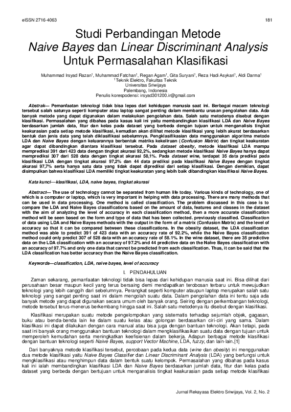 (PDF) Studi Perbandingan Metode Naive Bayes dan Linear Discriminant Analysis Untuk Permasalahan ...
