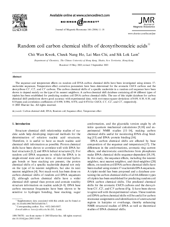 (PDF) Random coil carbon chemical shifts of deoxyribonucleic acids