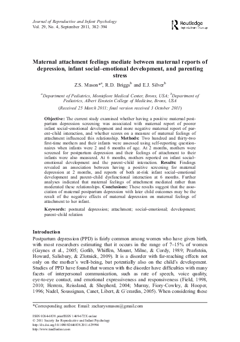 (PDF) Maternal attachment feelings mediate between maternal reports of ...