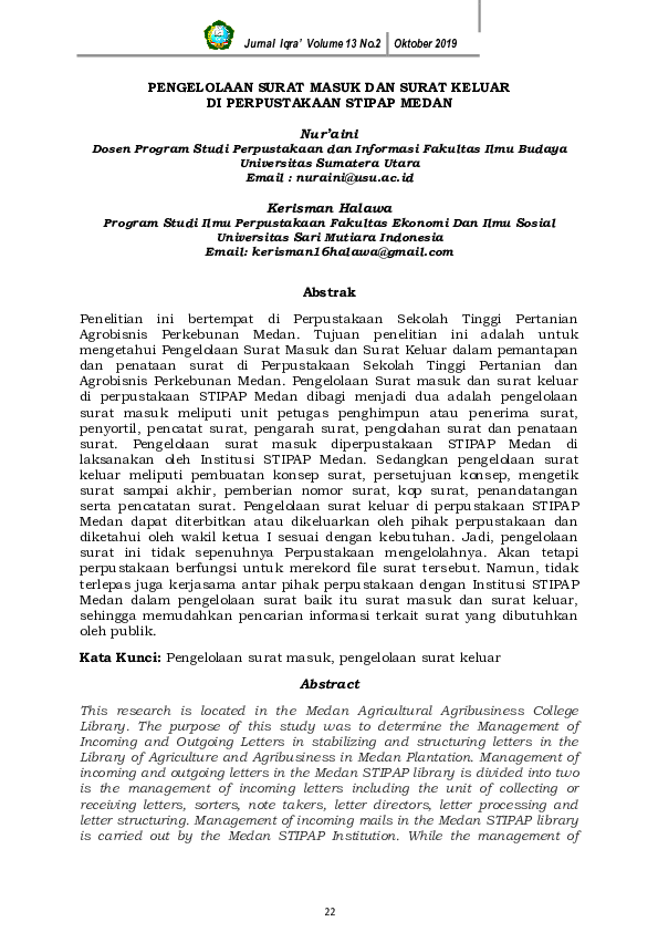 (PDF) Pengelolaan surat masuk dan surat keluar di Perpustakaan STIPAP Medan