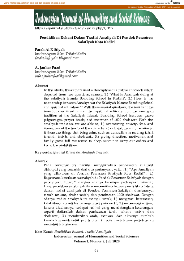 (PDF) Pendidikan Rohani Dalam Tradisi Amaliyah Di Pondok Pesantren Salafiyah Kota Kediri