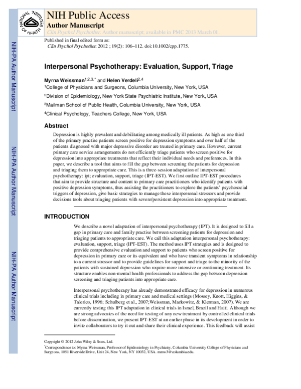 (PDF) Interpersonal Psychotherapy: Evaluation, Support, Triage