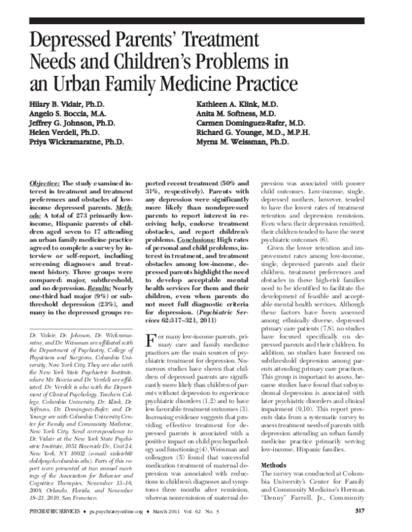 (PDF) Depressed Parents' Treatment Needs and Children's Problems in an ...