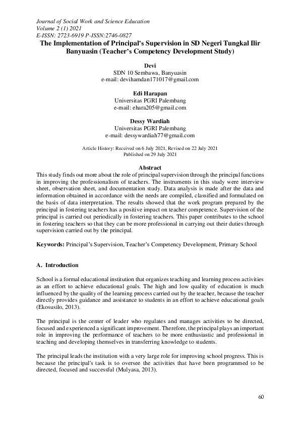(PDF) The Implementation of Principal’s Supervision in SD Negeri Tungkal Ilir Banyuasin (Teacher ...