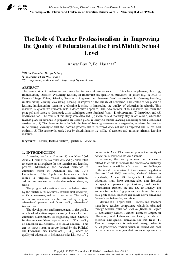 (PDF) The Role of Teacher Professionalism in Improving the Quality of ...