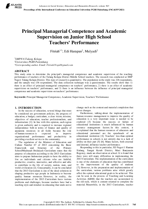 (PDF) Principal Managerial Competence and Academic Supervision on Junior High School Teachers ...