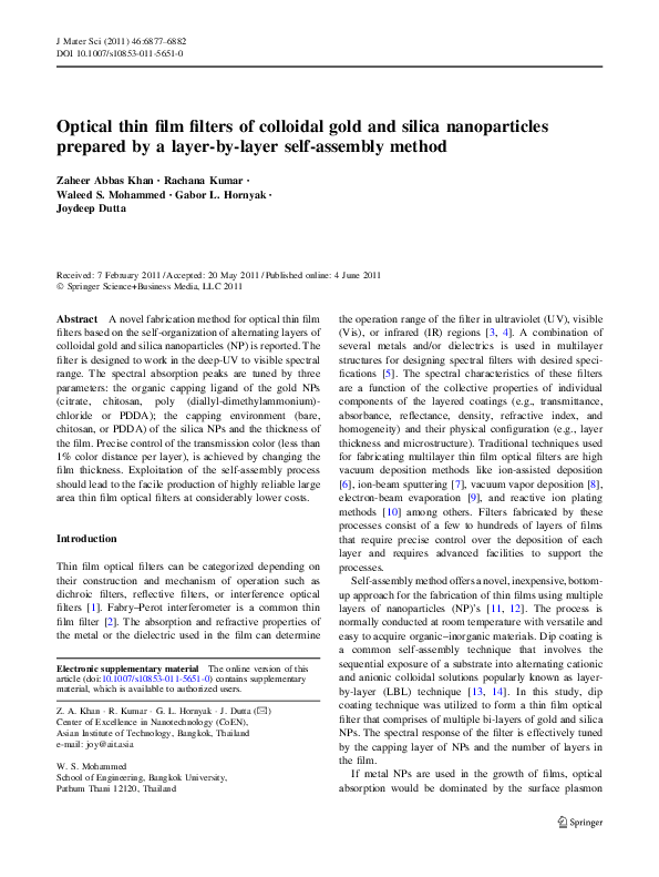 (PDF) Optical thin film filters of colloidal gold and silica nanoparticles prepared by a layer ...