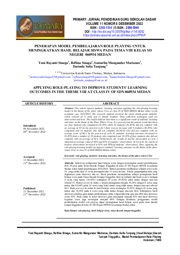 (PDF) Penerapan Model Pembelajaran Role Playing Untuk Meningkatkan Hasil Belajar Siswa Pada Tema ...