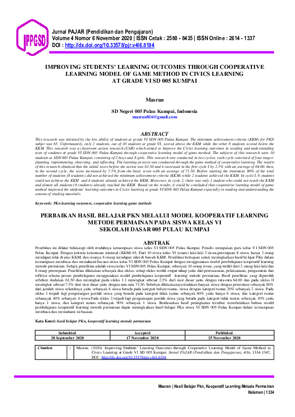(PDF) Perbaikan Hasil Belajar PKN Melalui Model Kooperatif Learning Metode Permainan Pada Siswa ...
