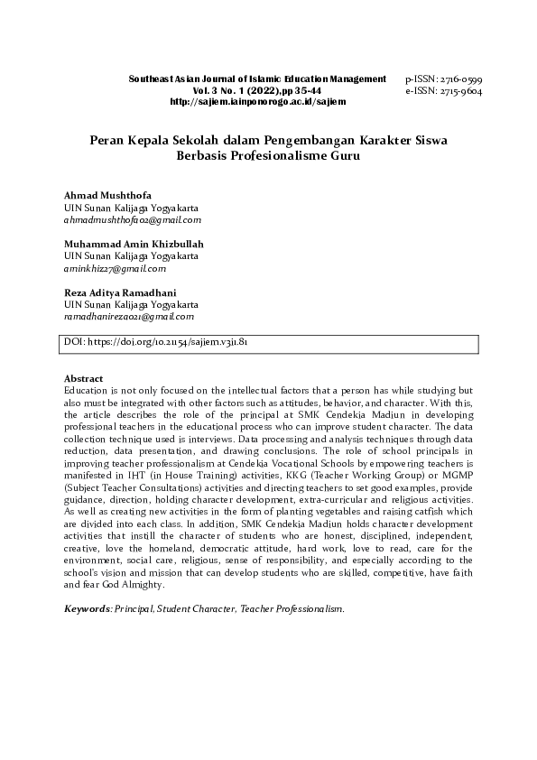 (PDF) Peran Kepala Sekolah dalam Pengembangan Karakter Siswa Berbasis Profesionalisme Guru