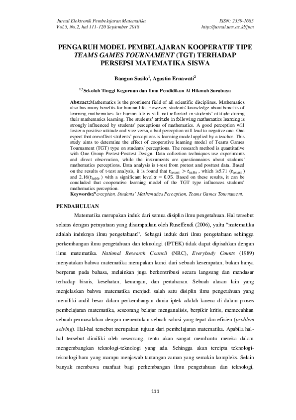 (PDF) Pengaruh Model Pembelajaran Kooperatif Tipe Teams Games Tournament (TGT) Terhadap Persepsi ...