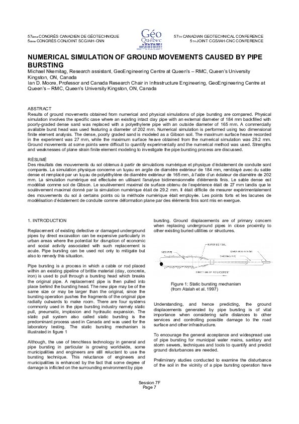 (PDF) Numerical Simulation of Ground Movements Caused by Pipe Bursting