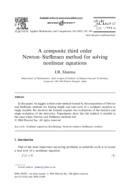 (PDF) A composite third order Newton–Steffensen method for solving nonlinear equations