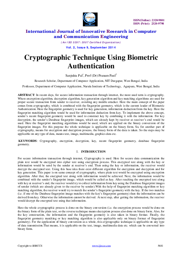 (PDF) Cryptographic Technique Using BiometricAuthentication